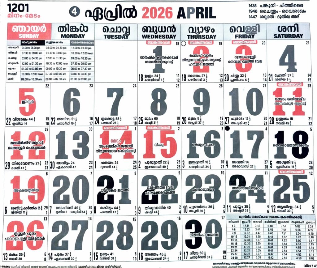 April 2026 Malayalam Calendar PDF Free Download